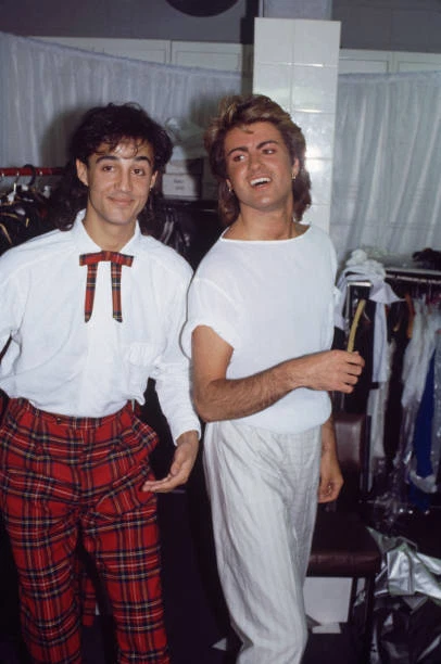 ANDREW RIDGELEY AND George Michael of Wham! posed backstage during ...