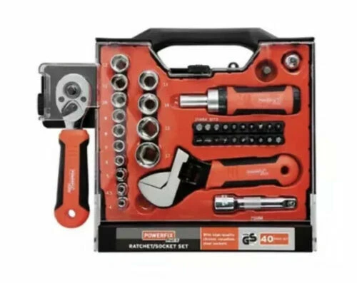 POWERFIX PROFI ¼” Socket Set + Ratchet Screwdriver & bits + Wrench , 40 ...