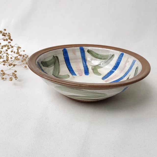 HANDMADE STUDIO POTTERY Blue Green Abstract Art Terracotta Glazed Bowl ...