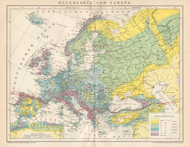 B6261 CARTE DE La Pluie En Europe - Carte Géographique Antique Du 1902 ...