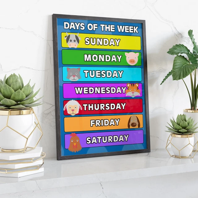 KIDS EDUCATIONAL DAYS Of Week Wall Chart Poster School Revision A5 A4 ...