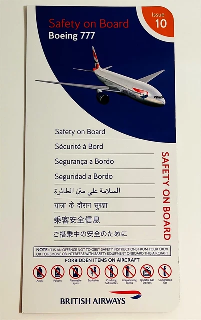 BRITISH AIRWAYS BOEING 777 Airline Safety Card Instructions Issue 10 ...