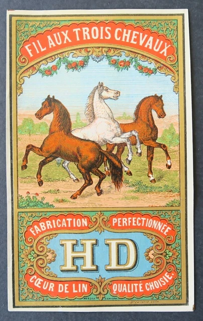 ANCIENNE ÉTIQUETTE FIL AUX TROIS CHEVAUX HD linen thread label 14 EUR ...