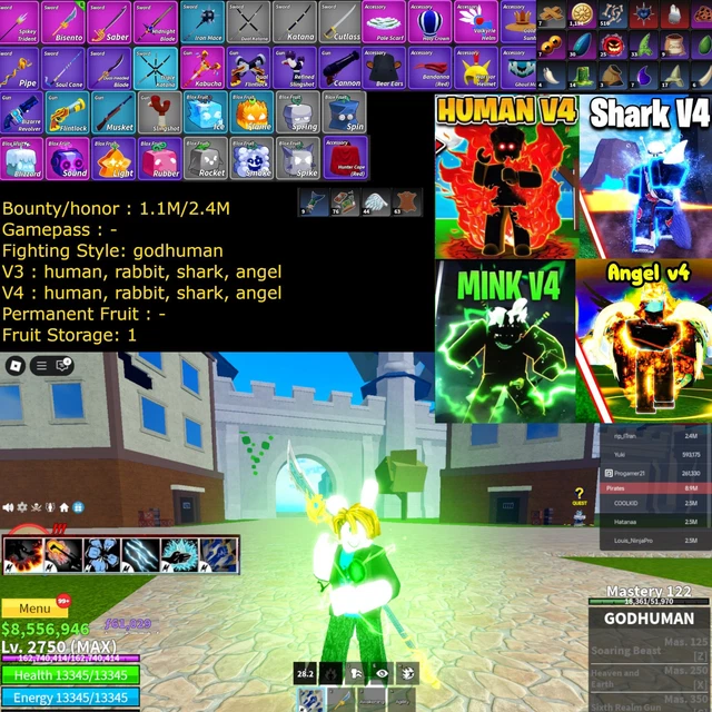 BLOX FRUIT LV2750 MAX Rabbit V4 SHARK V4 ANGEL V4 HUMAN V4 GODHUMAN D £ ...