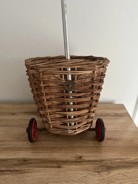 VINTAGE WICKER PULL Along Shopping Trolley Basket VGC H30in £60.00 ...