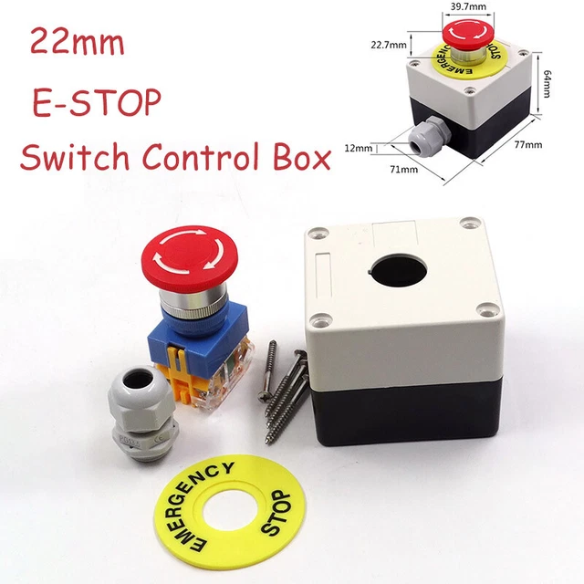 22MM MUSHROOM HEAD E-STOP Switch Control Box Latching Emergency Stop Push Button $13.37 ...