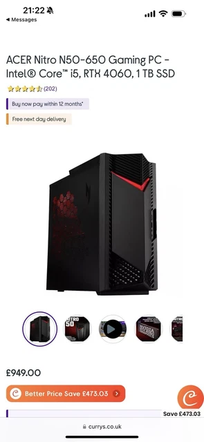 ACER NITRO N50-650 Gaming PC - Intel Core i5, RTX 4060, 1 TB SSD £567. ...