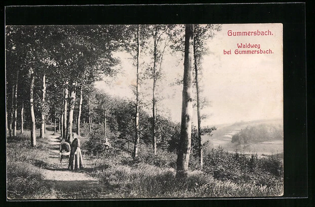 GUMMERSBACH, SENTIERO FORESTALE e donna con passeggino, cartolina 1911 ...