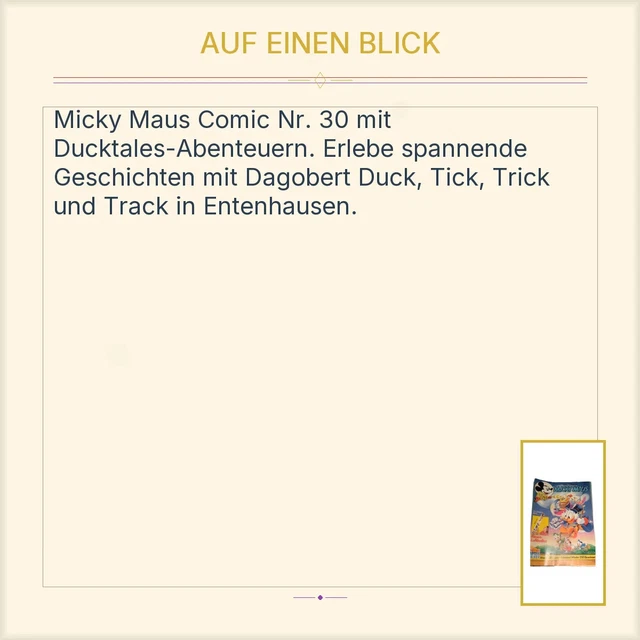 MICKY MAUS COMIC Nr. 30 Ducktales Walt Disney Ehapa Taschenbuch Deutsch ...