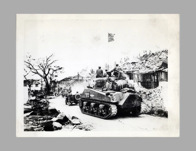 WW2 ERA PHOTO U.S. M4 Sherman Tank And Jeeps Going Through War Torn ...