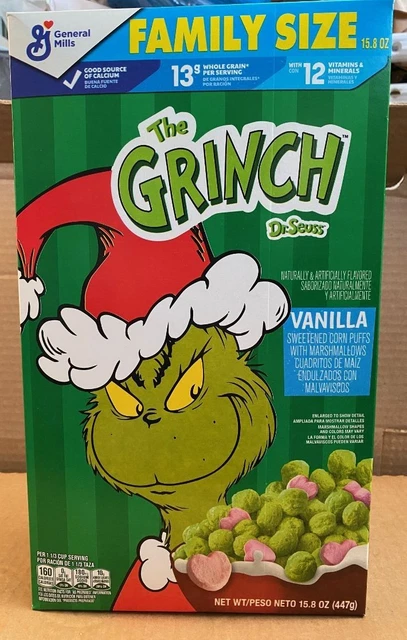 THE GRINCH CEREAL Sweetened Vanilla Corn Puffs with Marshmallows Family ...