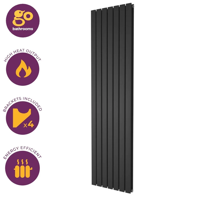 MATT BLACK DESIGNER Radiator Vertical Modern Flat Column Double Panel ...