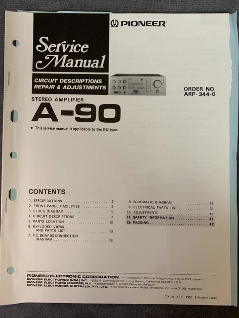 PIONEER A-90 SERVICE Manual [Original w/Schematics, Diagrams, Parts ...