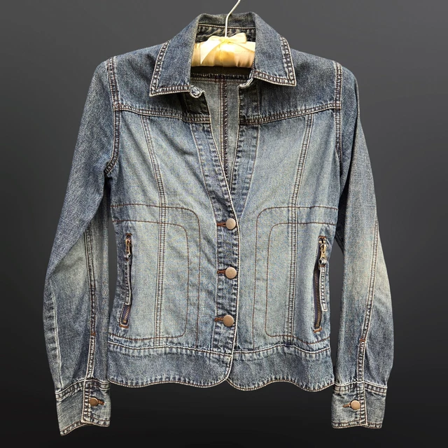 Y2K FITTED DENIM Jacket Womens Size XS Grunge Moto Indie Sleaze Western ...