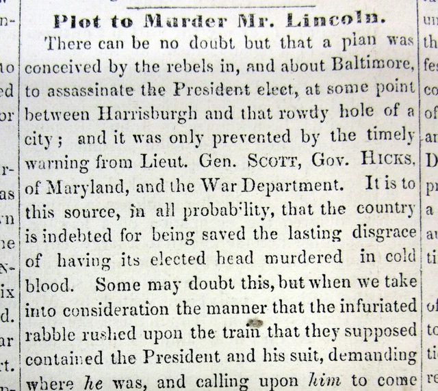 1861 NEWSPAPER PRESIDENT-ELECT ABRAHAM LINCOLN MURDER PLOT Baltimore ...