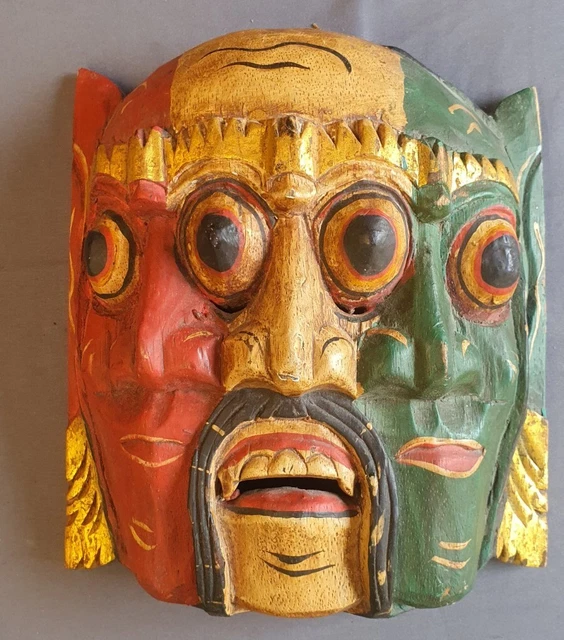 VINTAGE WOODEN MASK Three Face Indonesia Bali Barong Devil Mask Green ...