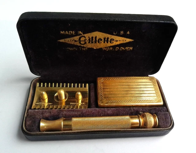 VINTAGE 1920S GILLETTE Gold-Plated Old Type Pocket Safety Razor Set $32 ...
