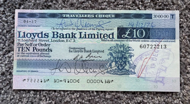 COLLECTABLE ~ 1978 ~ Lloyds Bank Limited ~ Traveller’s Cheque ~ Used ...