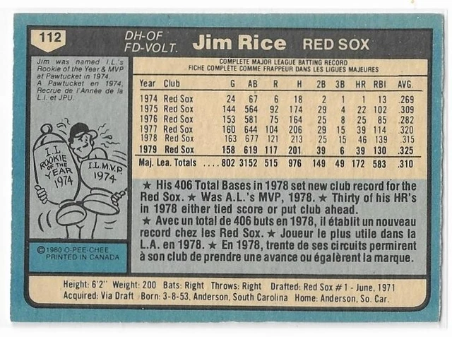 CARTE BASEBALL JIM RICE 1980 OPC #112 Boston Red Sox Pas de prix de ...