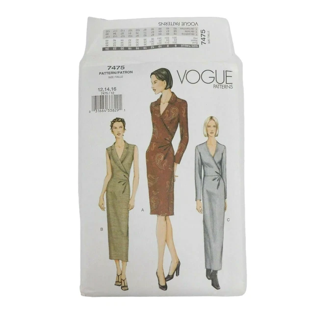 VOGUE 7475 MISSES Dress Sewing Pattern 14-16 Uncut Tapered Mock Wrap Side Pleats $21.00 ...