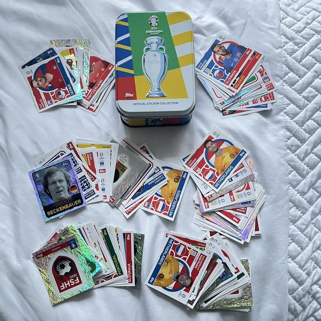 TOPPS UEFA EURO 2024 Sticker Bundle x150 + No Duplicates plus Empty Tin ...