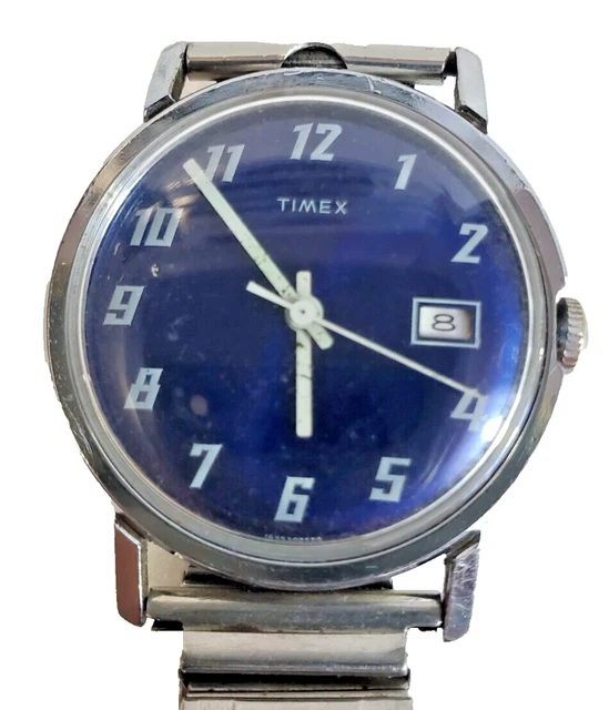 VINTAGE 1974 TIMEX Blue Dial Mechanical Hand Wind Up watch w/ date @3 ...