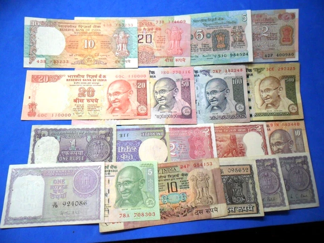 INDIA 19 DIFFERENT Old Banknotes 1951 onwards to 500 Rupees Used to ...