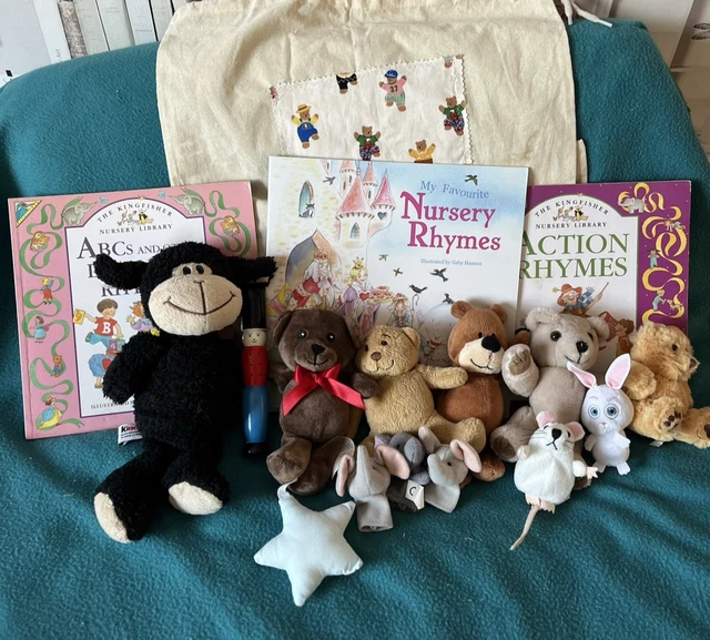 NURSERY RHYME STORY sack- 3 books, soft toys, puppets, EYFS, VGC, free ...