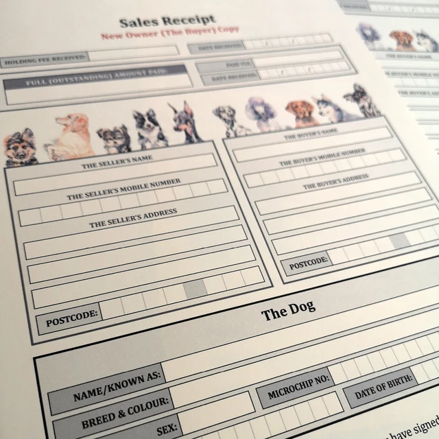 BLANK A4 PUPPY Dog SALES RECEIPT Forms: Licenced Breeder Records ...