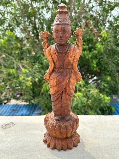 ANTIQUE RARE OLD Hand Carved Wooden Hindu Goddess Laxmi Standing Statue ...