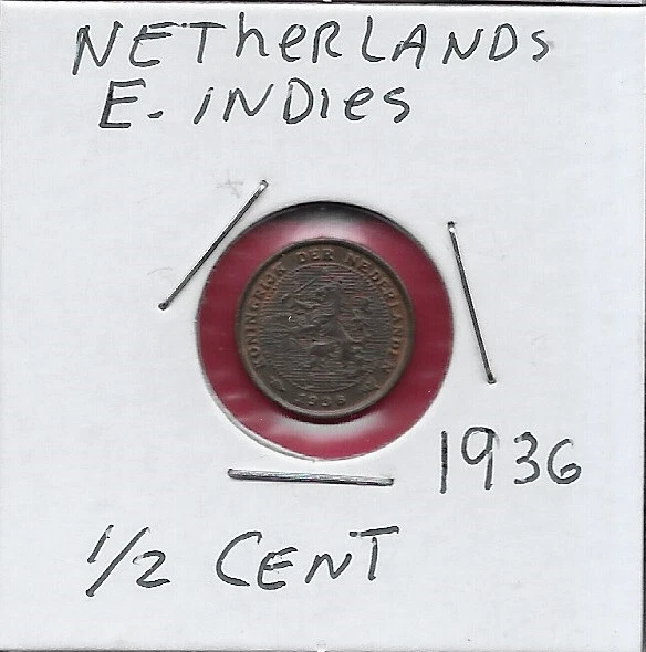 NETHERLANDS EAST INDIES 1/2 Cent 1936 Crowned Dutch Shield Dividing The ...