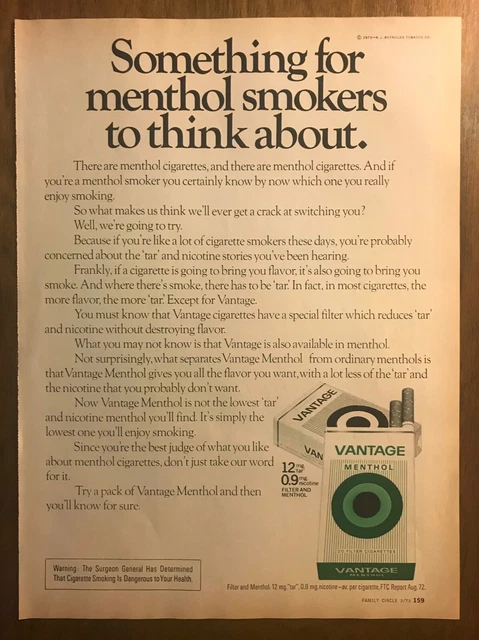 VINTAGE 1970S MAG print ad Vantage Menthol CigarettesThink about ...