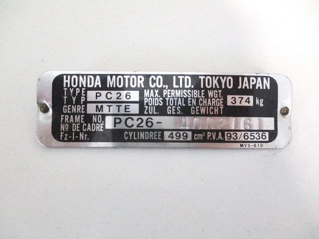 ORIGINAL ALU Rahmen Typenschild - Type Label Frame Honda CB 500R - PC26 EUR 34,90 - PicClick DE