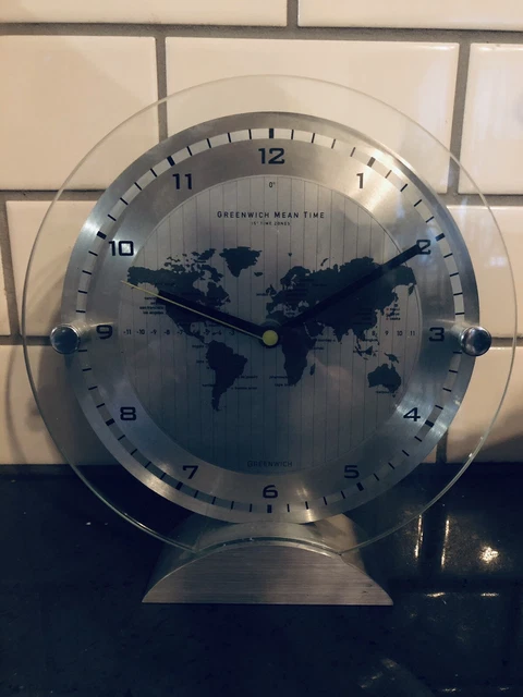 WORLD MAP TIME Analog Desk Clock Greenwich Mean Time 8.5" Gray Black ...