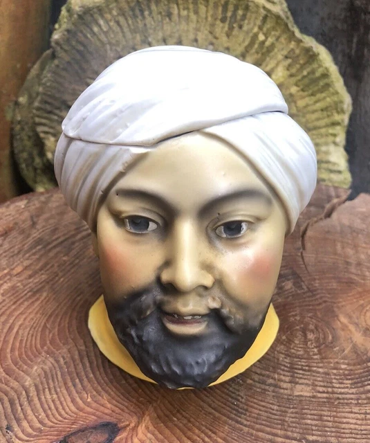 ANTIQUE GERMAN INDIAN Sikh man head tobacco jar bisque pottery lidded ...