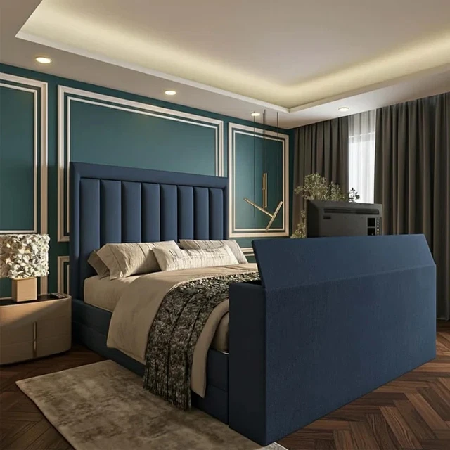 VALLETA UPHOLSTERED TV Bed Frame In Plush Velvet Fabric In UK All Sizes ...