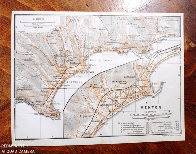 OLD MAP ANTIQUE map old maps CENTER CITY OF MENTON MORTAL CHIN 1910 £10 ...