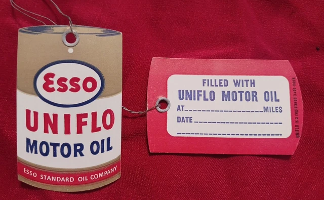 2 VINTAGE 1950S Esso Uniflo Motor Oil Can Double Sided Tag Car Oil ...