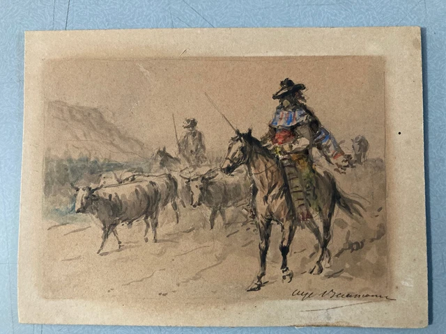 BEAUTIFUL DRAWING LAVIS Watercolour Cow Taureau Horses Camargue 1900 to ...