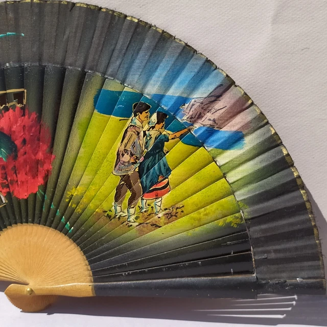 ÉVENTAIL ESPAGNOL BASQUE décor de paysage et de fleurs EUR 30,00 ...