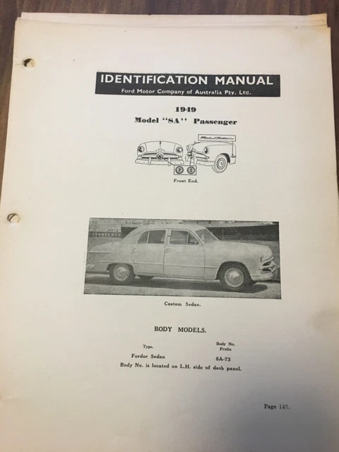 1949 FORD CUSTOMLINE Passenger ID Chart Ford Australia A4 size sheet ...