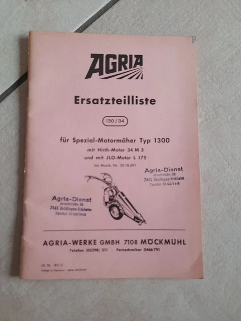 AGRIA SPEZIAL MOTORMÄHER Typ 1300 Hirth Motor Ersatzteilliste EUR 44,90 ...