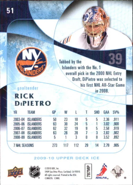 CARTE DE HOCKEY 2009-10 Upper Deck Ice Islanders #51 Rick DiPietro EUR ...