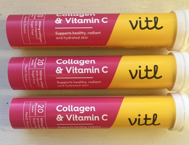 VITL COLLAGEN &VITAMIN C Effervescent Tablets, 20 tablets Peach Flavour 3 Tubes £20.43 - PicClick UK