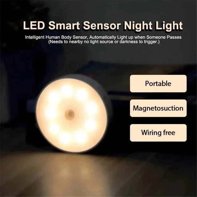 LED MOTION SENSOR Night Light Wireless PIR Cabinet Closet Stair Bedroom ...