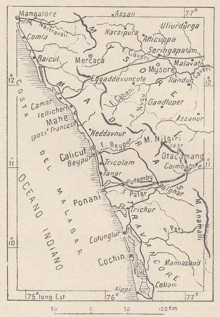F3176 INDIA, CALICUT, Malabar, 1907 Carta geografica epoca, Vintage Map ...