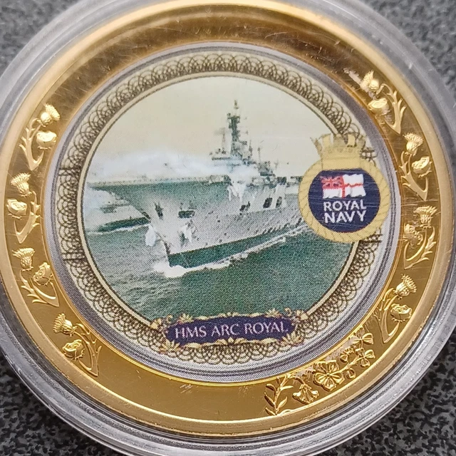SHIPS OF THE Royal Navy HMS ARK ROYAL. 40 mm Colourised Coin.NOTE ARC ...