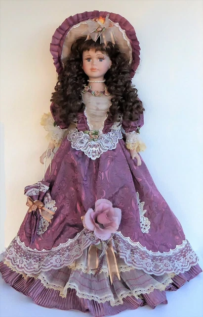 LARGE PORCELAIN DOLL, Brown Ringletted Hair, Purple Dress, Hat And ...
