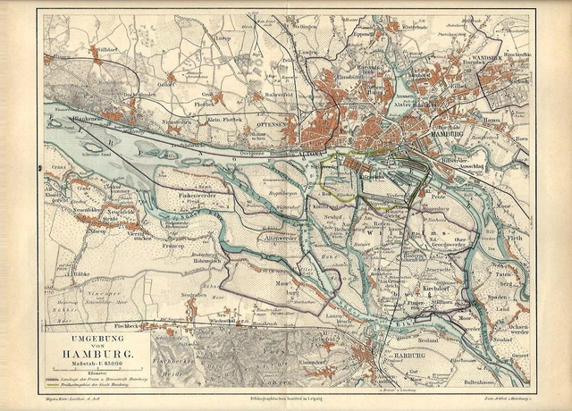 CARTA GEOGRAFICA ANTICA AMBURGO HAMBURG Pianta dei dintorni 1890 Old ...