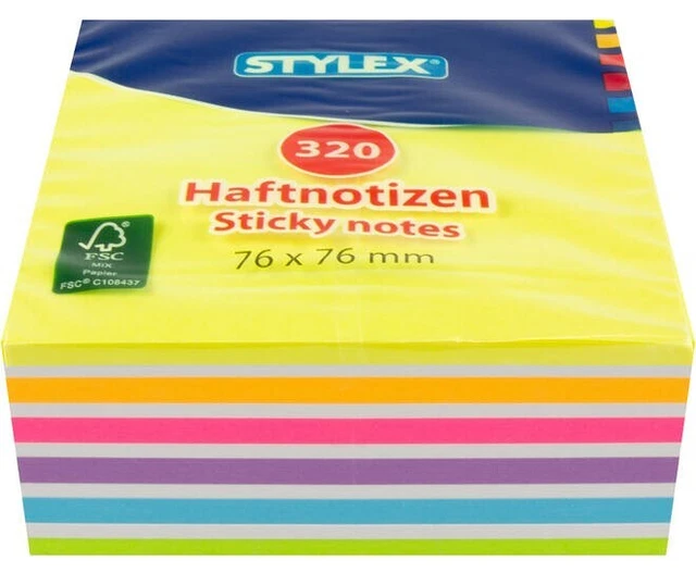 HAFTNOTIZEN BLOCK 320 Blatt bunt Stylex 76mm x 76mm Blatt Büro Schule ...